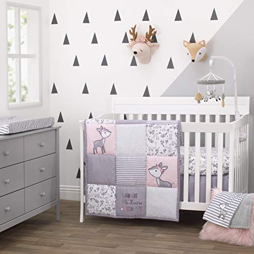 Little Love By Nojo Sweet Deer, Grey, Pink, White 3Piece Nursery Crib Bedding Set With Comforter, Fitted Crib Sheet, Dust Ruffle, Pink, Grey, White, Charcoal