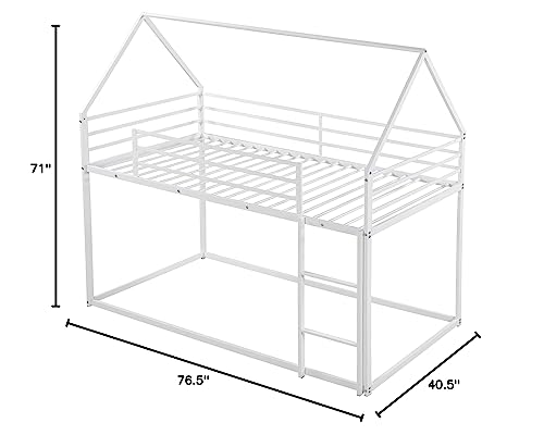 Merax Modern Heavy Metal House Low Bunk Bed Twin Over Twin, Montessori Floor Bunk Bed Frame with Full-Length Guardrail/No Box Spring Needed White