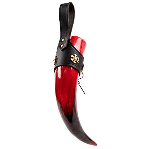 Mythrojan THE RED WITCH Viking Drinking Horn with Black Leather holder Authentic Medieval Inspired Viking Wine/Mead Mug – Polished Finish