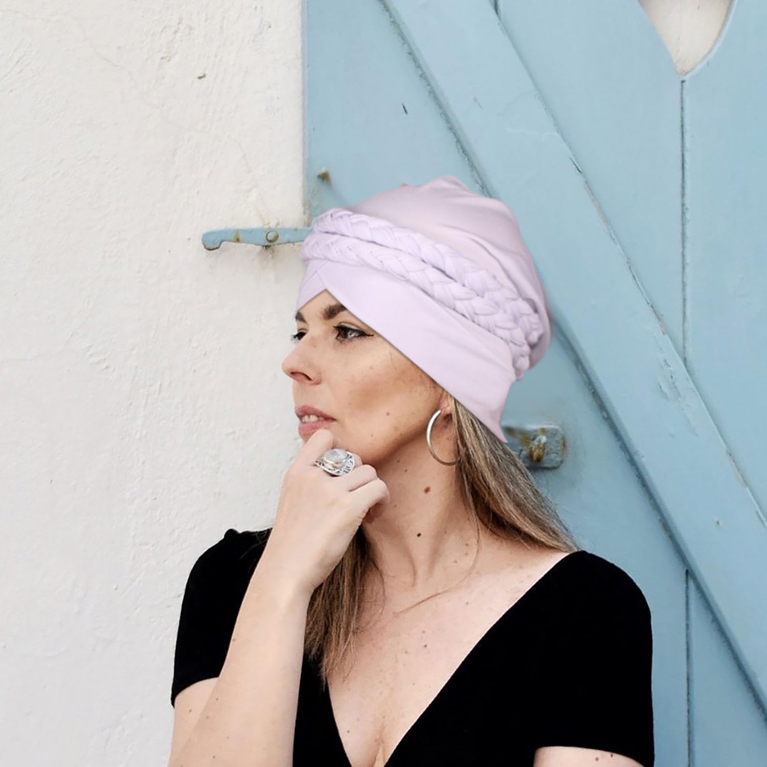 African Women Turban Caps Beanie Twist Headscarf Pre Tied Double Braid Headwrap Hat (White)