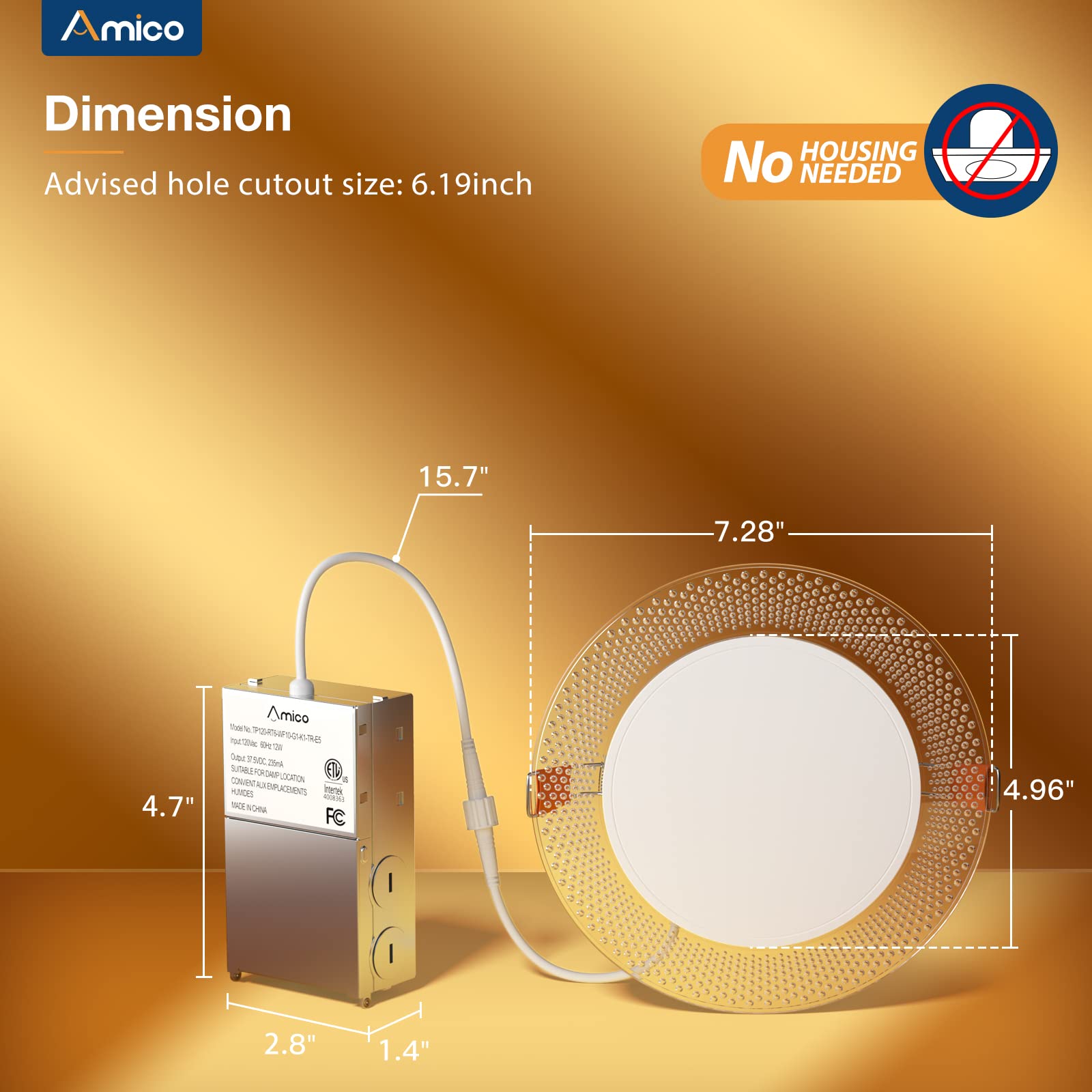 Amico 12 Pack 6 Inch 5CCT LED Recessed Ceiling Light with Night Light, 2700K/3000K/4000K/5000K/6500K Selectable Recessed Lighting, 12W=110W, 1000LM, Dimmable Canless Wafer Downlight - ETL & FCC