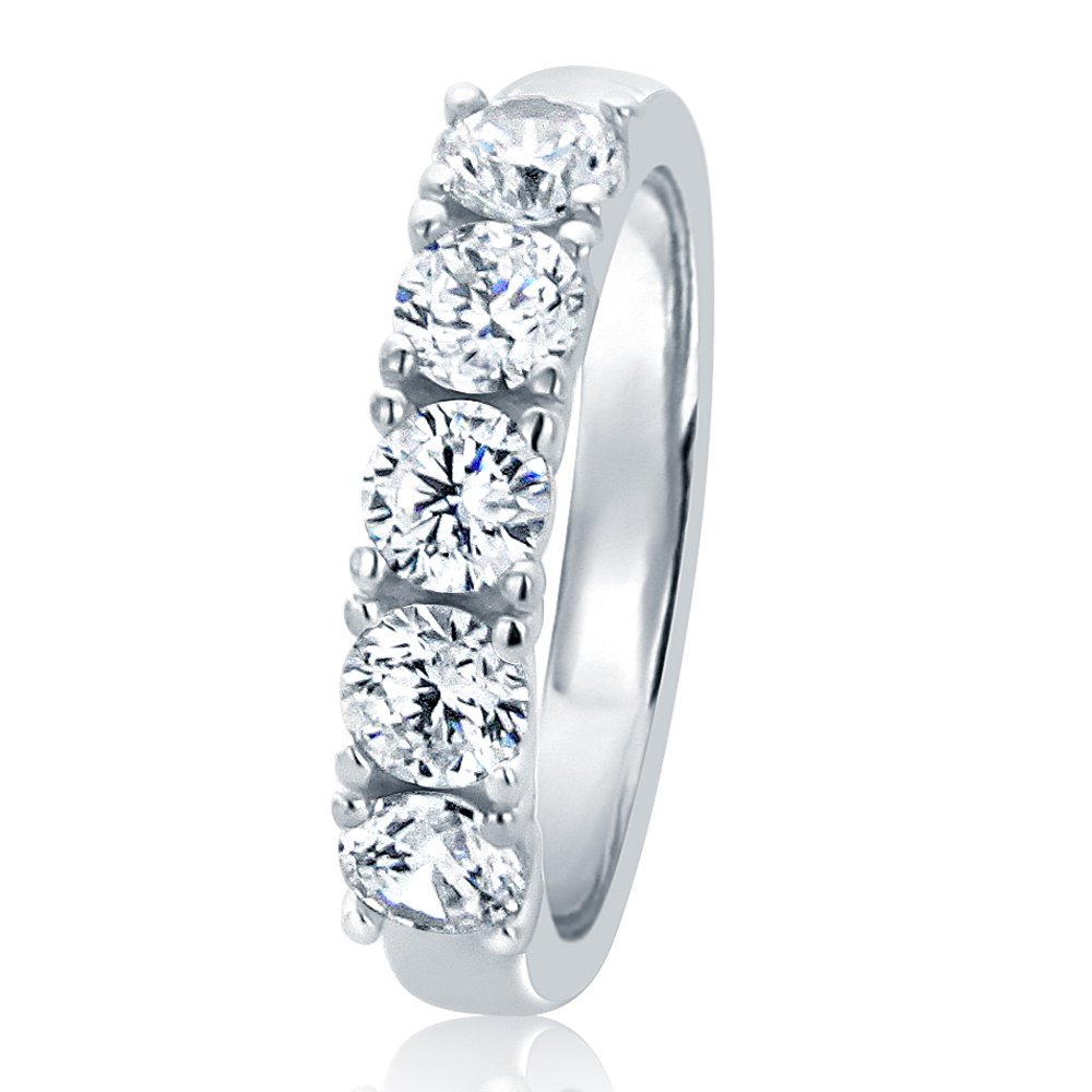 925 Sterling Silver Ring Round 1.2 carat CZ Stone Prong Set Five Stone Wedding Anniversary Ring 4MM (Size 5 to 10), 7