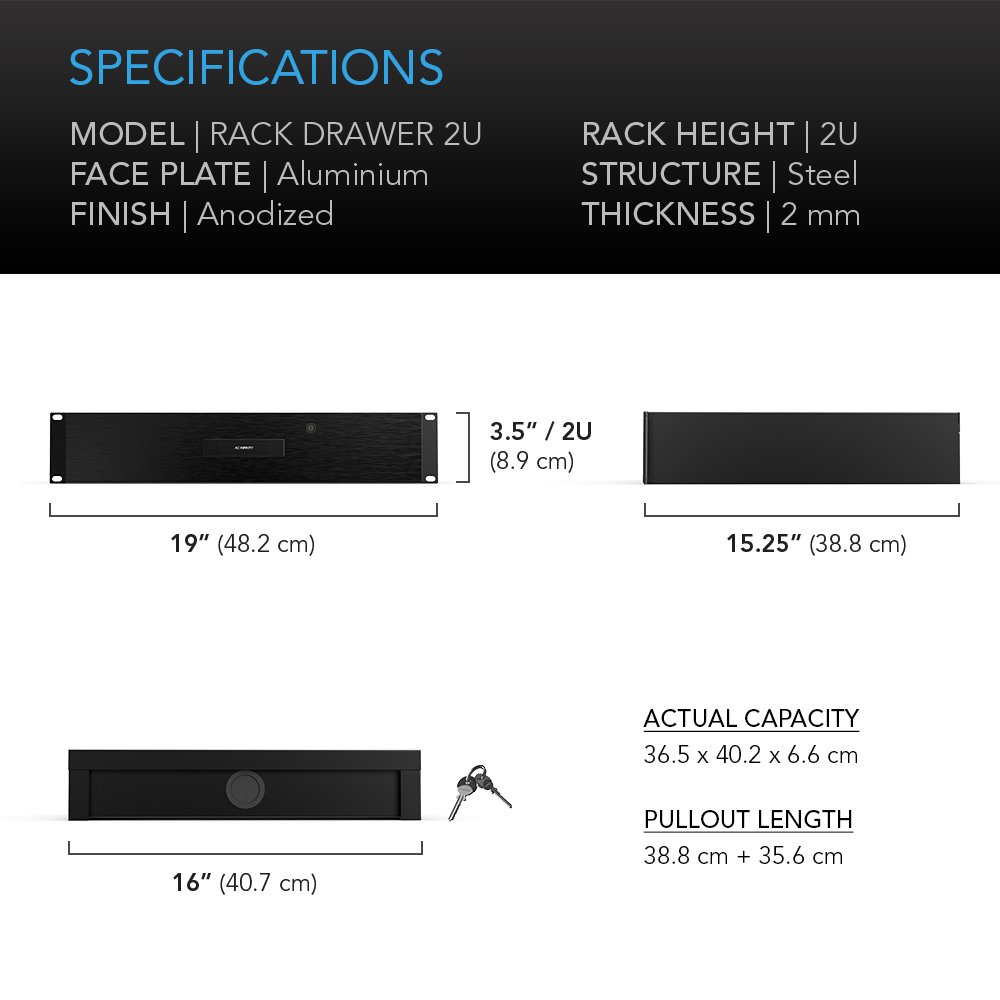 AC Infinity Rack Mount Drawer 2U with Aluminum Faceplate, with Lock and Key, for 19” Equipment Server AV DJ Cabinets Racks