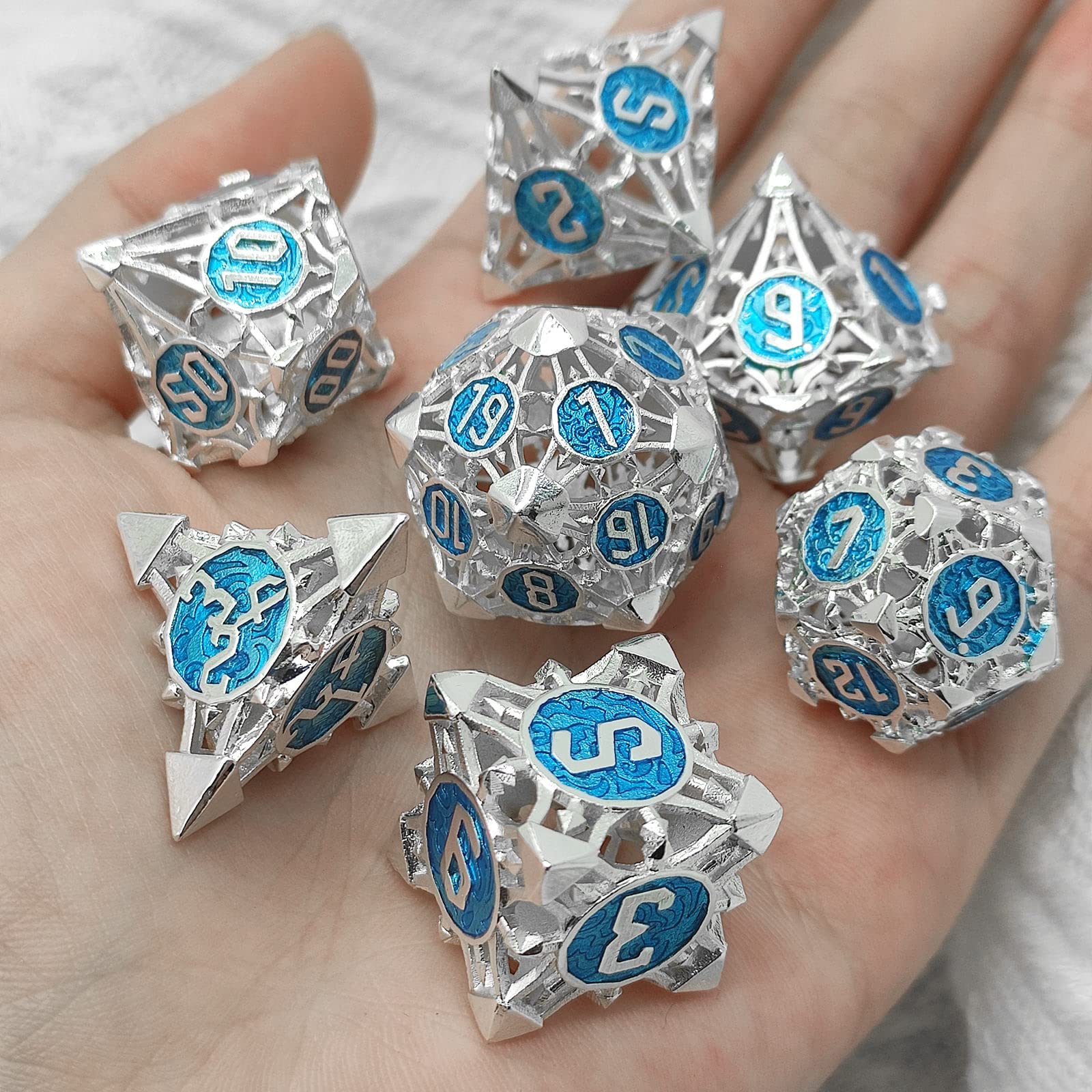 AHDKEJG Metal DND Dice Set D&D Hollow Dungeons and Dragons Gifts Polyhedral D20 Sided Dice RPG MTG Table Games Pathfinder Accessories Role Playing 7pcs D20 D12 D10 D% D8 D6 D4-Silver Blue