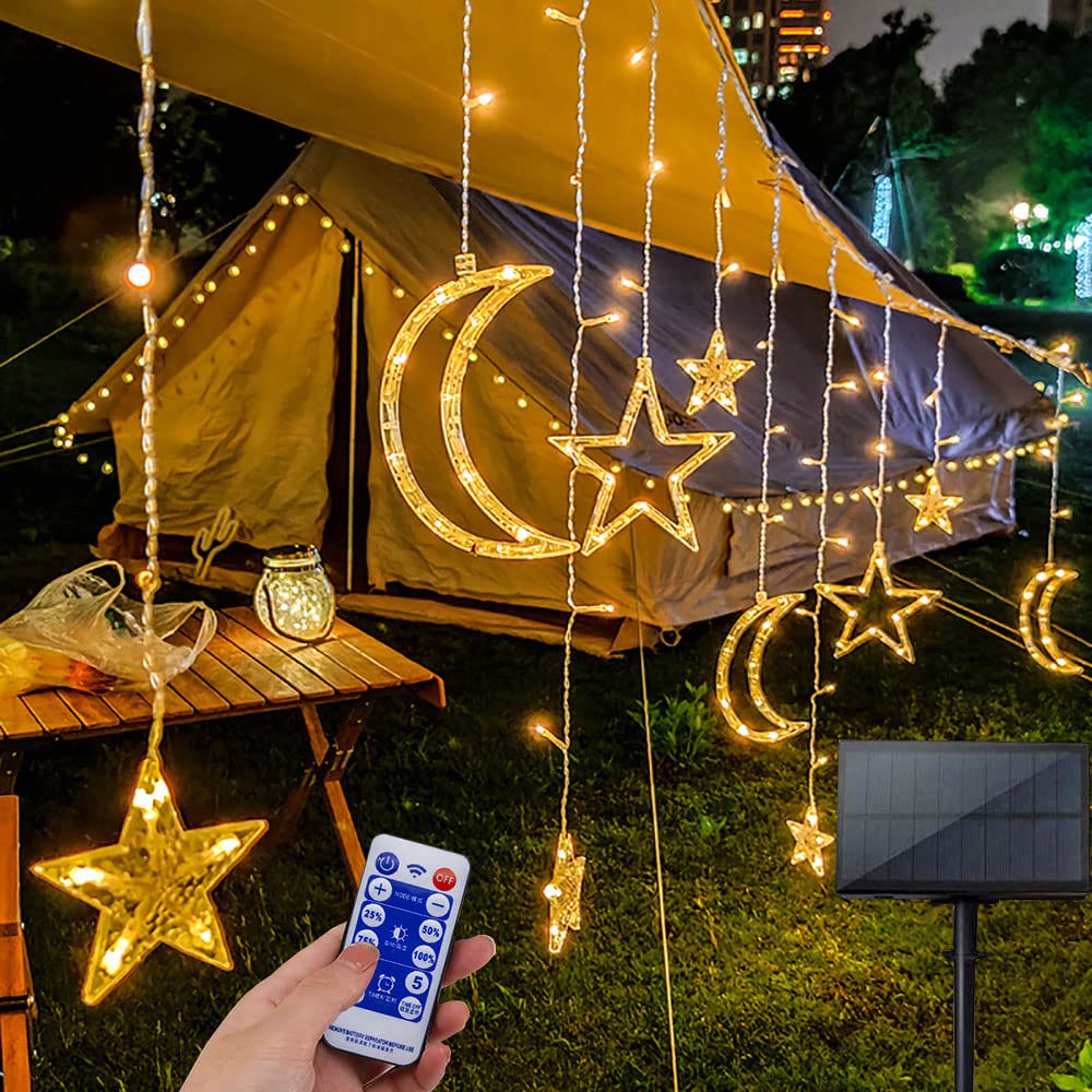 CSX Solar String Lights 138LED Moon Star Twinkle Lights with Remote 8 Lighting Modes Curtain Lights Window Lights Hanging Fairy Lights Outdoor Waterproof for Yard Garden Patio Ramadan Christmas Decor