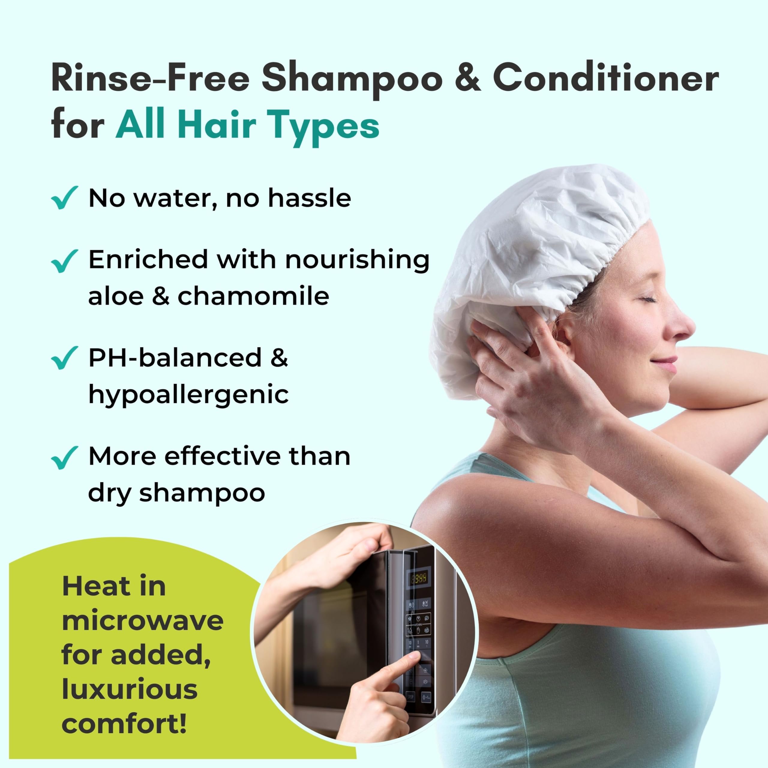 No Water Rinse Free Shampoo Cap by Nurture | Microwavable Hair Washing & Conditioning Shower Caps | Waterless Bathing | Disposable & Hypoallergenic for Adults, Bedridden & Elderly