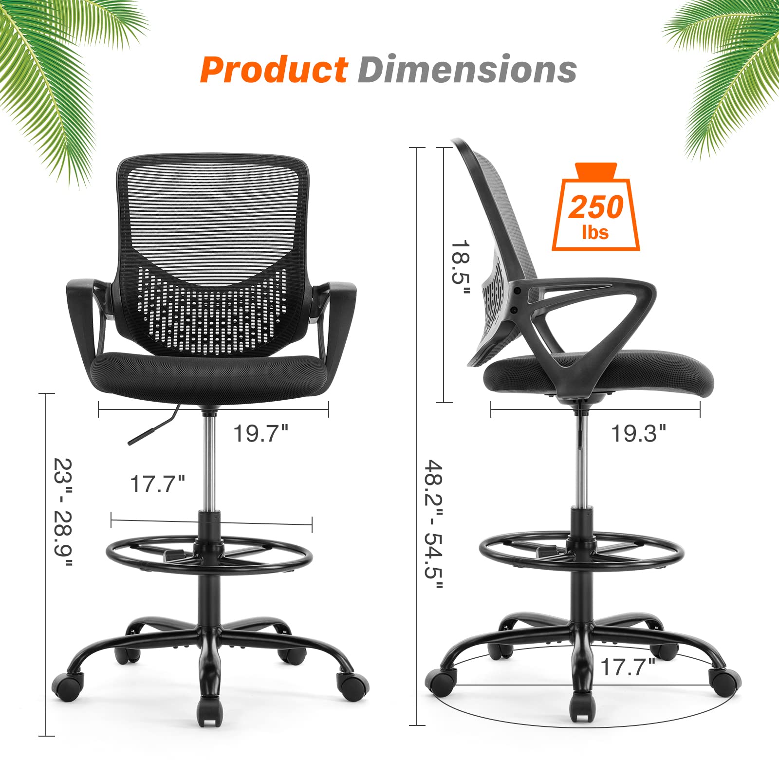 AFO Mid-Back Mesh Tall Drafting Stool Office Chairs with Armrest for Standing Desk Adjustable Foot Ring, Black