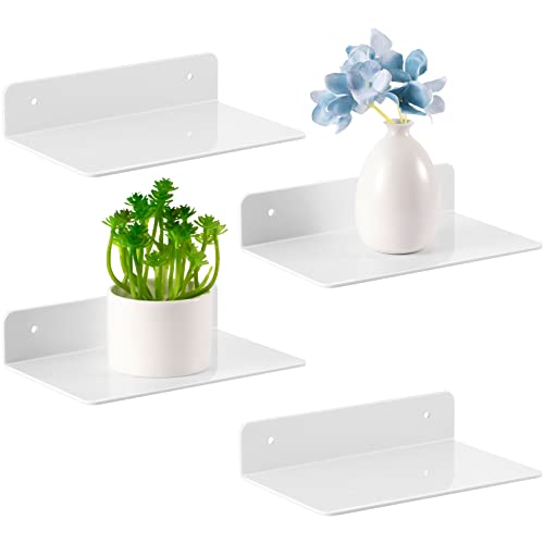 Geelin 4 Pcs Acrylic Floating Shelves White Acrylic Wall Shelf Small Wall Mounted Acrylic Shelves with Adhesive Screw for Wall Corner Bathroom Book Storage Decoration, 7.9 x 4.7 x 1.6 inches