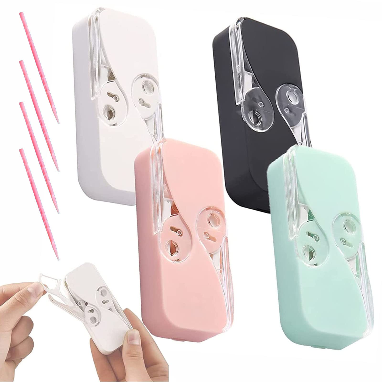 4 Pack Portable Floss Dispenser, Automatic Dental Flosser Pick Organizer Case with Plastic Toothpick, Refillable Floss Holder Box for Teeth Cleaning, Suitable for Travel