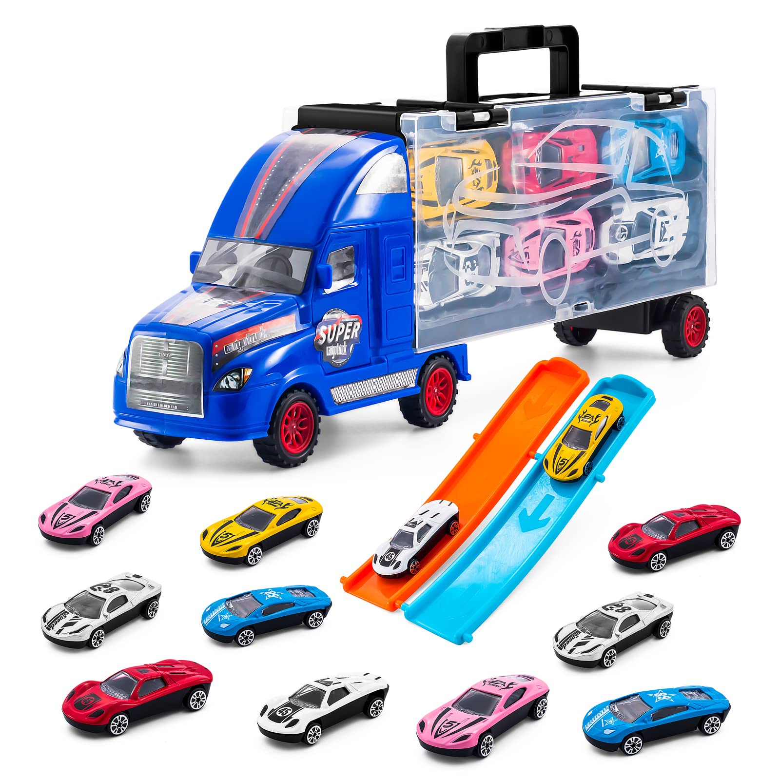 TAODUDU Toddler Toys Cars Kids Truck Transport Cars Boys Gift for Ages 3-8 Year Old,Transport Cars Carrier Set with 12 Die-cast Vehicles