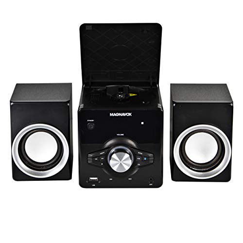 Magnavox MM442 3-Piece Top Loading CD Shelf System with Digital PLL FM Stereo Radio, Bluetooth Wireless Technology, and Remote Control in Black | Blue Lights | LED Display | AUX Port Compatible |