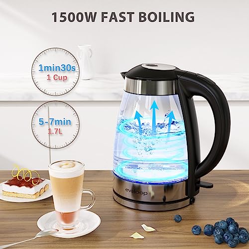 Evoloop Electric Tea Kettle 1.7L Hot Water Boiler, 1500W Glass Water Kettle with Auto Shut-Off & Boil Dry Protection, BPA Free, Cordless Base & LED Indicator