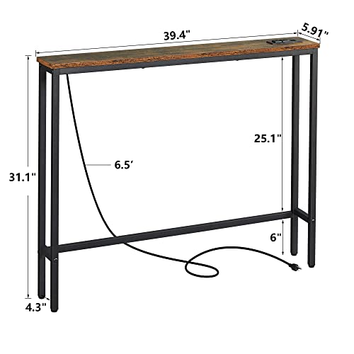 ELYKEN 2 Pack 5.9" Narrow Console Sofa Table with Power Outlets, 5.9" Dx39.4 Wx31.1 H Long Couch Table with Metal Frame and Charge Station with 6.5β Extension Cord, Rustic Brown