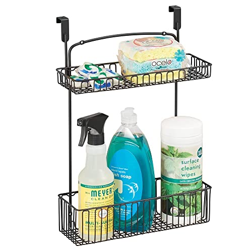 mDesign Steel Over Cabinet Kitchen Storage Organizer Holder or Basket - Hang Over Cabinet Doors in Kitchen, Pantry, Bathroom - Holds Dish Soap, Window Cleaner - Concerto Collection - Matte Black
