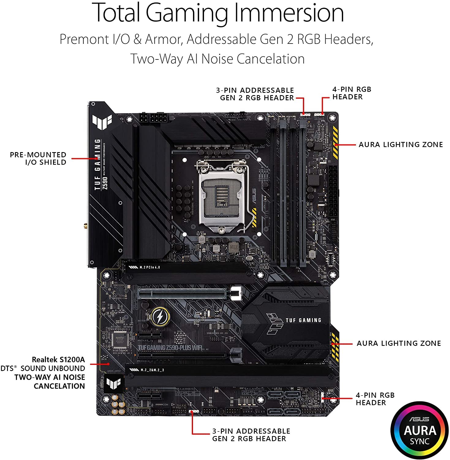 Asus TUF Gaming Z590-Plus WiFi 6 Socket LGA 1200 ATX Motherboard, Intel 11th/10th Gen Processors, 4 x DIMM 128GB DDR4, 14+2 Power Stage, USB 3.2, Bluetooth 5.1, Windows 10, Black, with MTC HDMI Cable