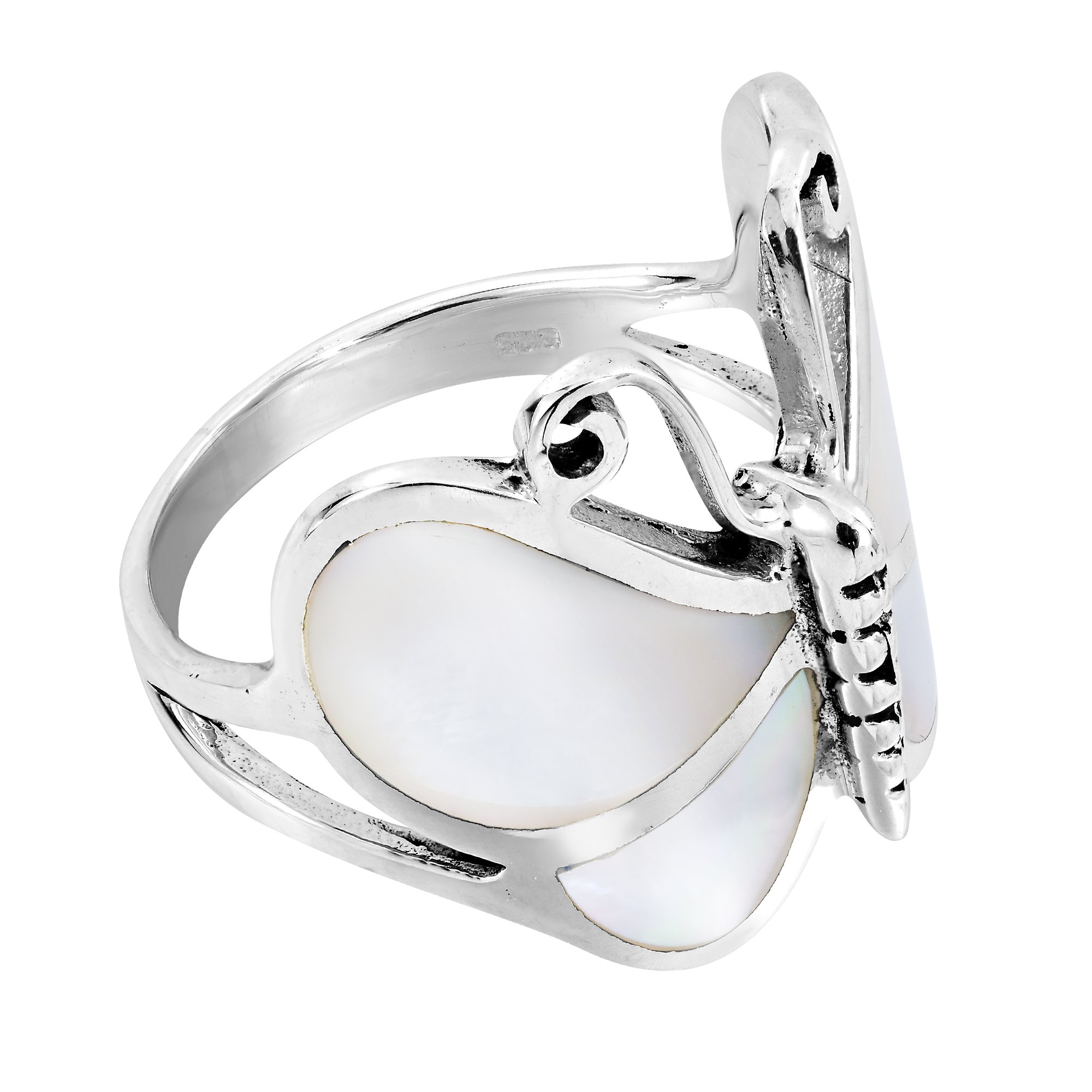 AeraVida Captivating Butterfly Motif White MOP Statement .925 Sterling Silver Ring | Statement Fashion, Promise Ring, Couple Unisex Ring | Jewelry Gift for All Occasions | Size 8
