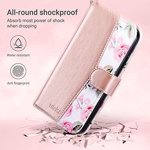 ULAK Compatible with iPhone XR Wallet Case for Women, Premium PU Leather Folio Flip Case with Card Holders Kickstand Wrist Strap, Shockproof Protective Phone Cover for iPhone XR 6.1 inch, Rose Gold