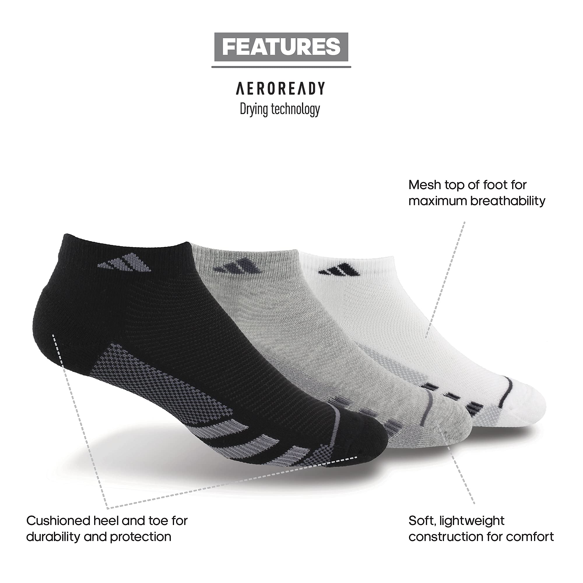 adidas Women's Superlite Stripe II 3-Pack Low Cut, Black/Heather Grey/White, Medium