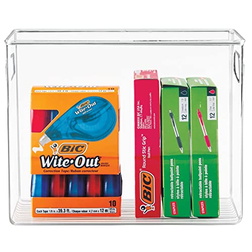 mDesign Tall Plastic Storage Organizer Container Bin, Office Organization for Filing Cabinet, Cupboard, Shelves, and Desk - Holds Notepads, Pens, Pencils, Highlighters, Ligne Collection, 4 Pack, Clear