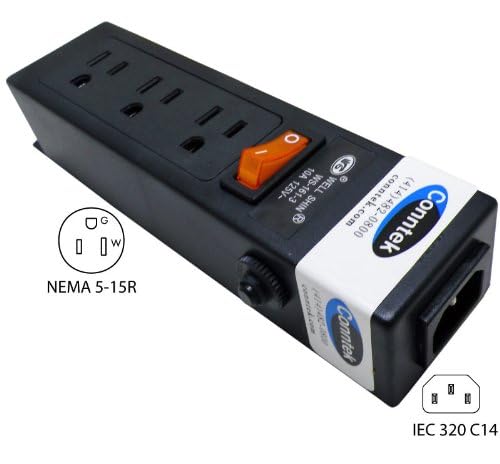 Conntek Power Strip 125V 7-1/2-Inch Housing IEC C14 to U.S 3 Prong Power Strip 3 Outlets with AC Adapter Space, Black