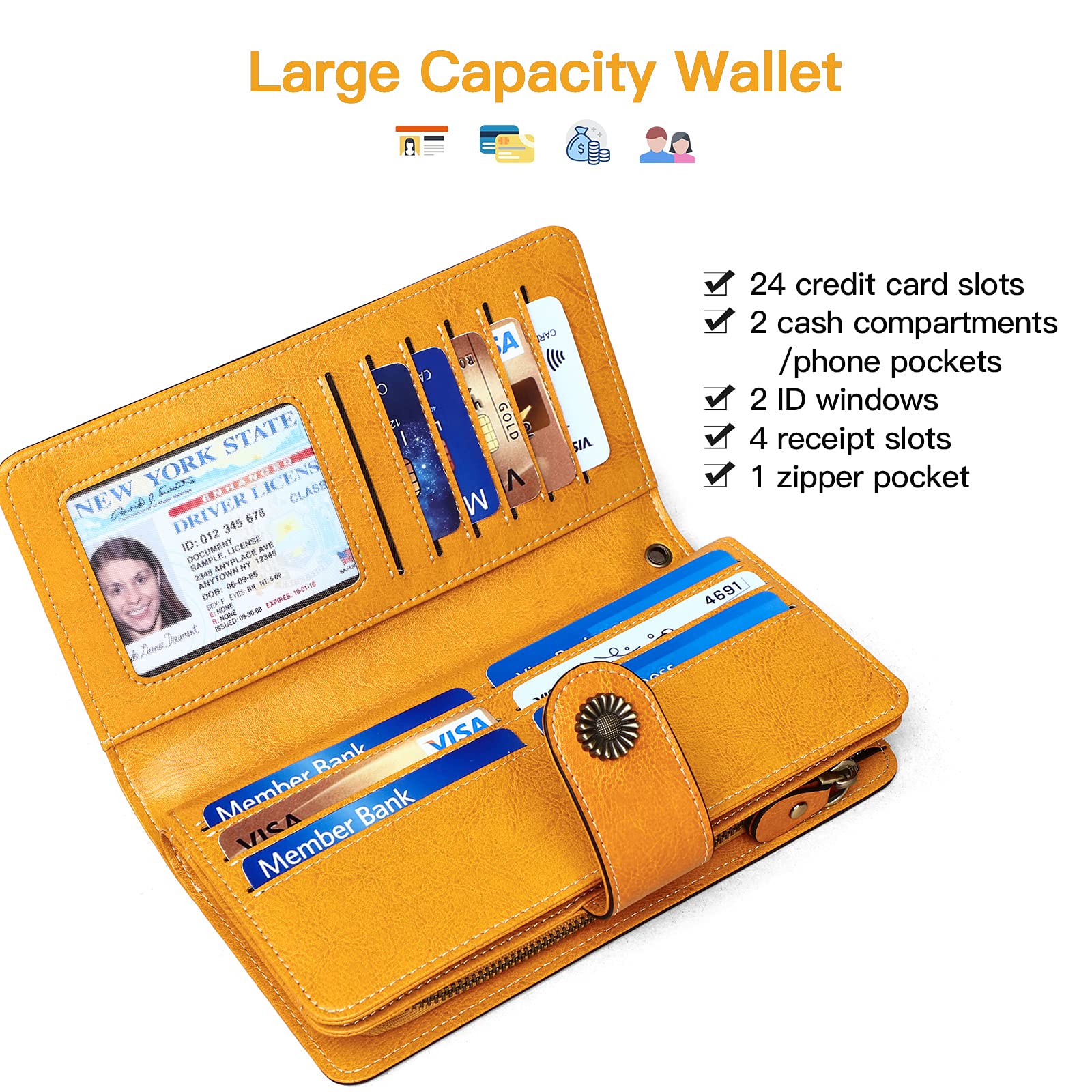 Seammer Womens Genuine Leather Wallets Large Capacity RFID Blocking Credit Card Holder Ladies Wristlet Purse (Yellow)