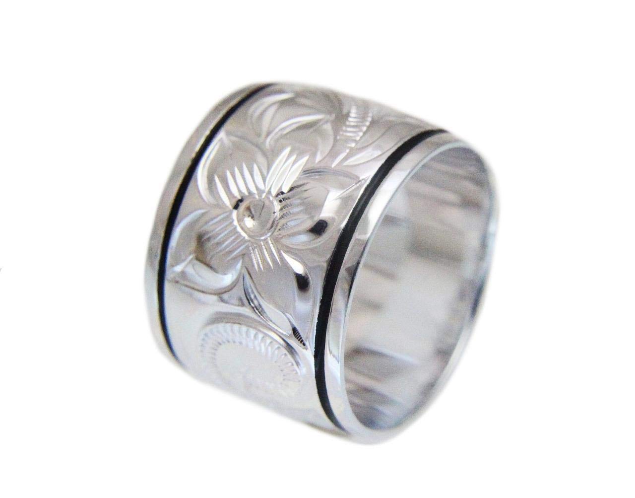 925 sterling silver Hawaiian plumeria scroll black enamel border 15mm ring size 13