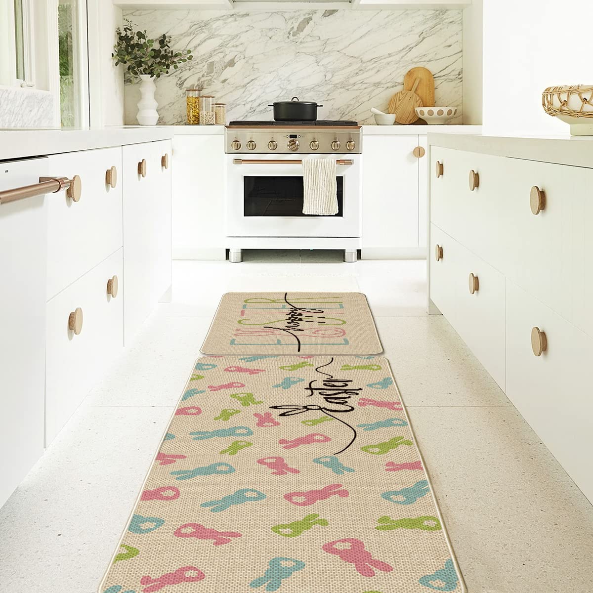 Artoid Mode Rabbit Bunny Hoppy Easter Kitchen Mats Set of 2, Spring Home Decor Low-Profile Kitchen Rugs for Floor - 17x29 and 17x47 Inch