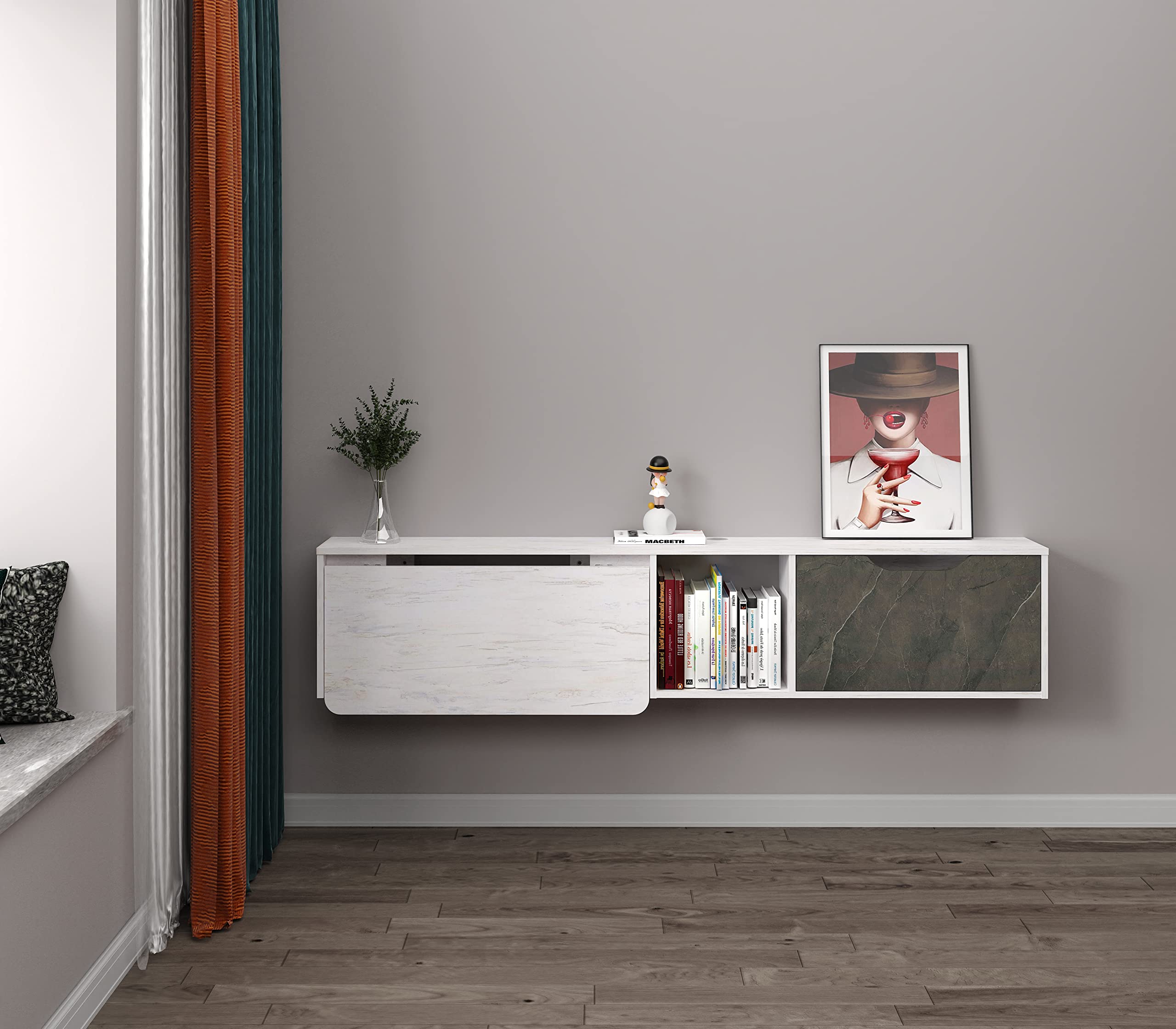 Pmnianhua Floating Wall Desk with Storage Shelves, 70'' Large Wall Mounted Desk Laptop Computer Writing Study Table for Bedroom Small Space (Grayish White-Left)