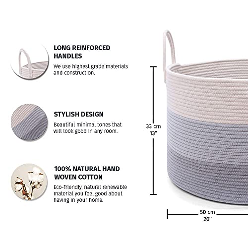 OrganiHaus Gray Extra Large Storage Basket for Blankets 20x13| Decorative Cute Laundry Hamper Basket for Clothes | Cotton Rope Basket for Blankets | Farmhouse Nursery Laundry Basket & Towel Hamper