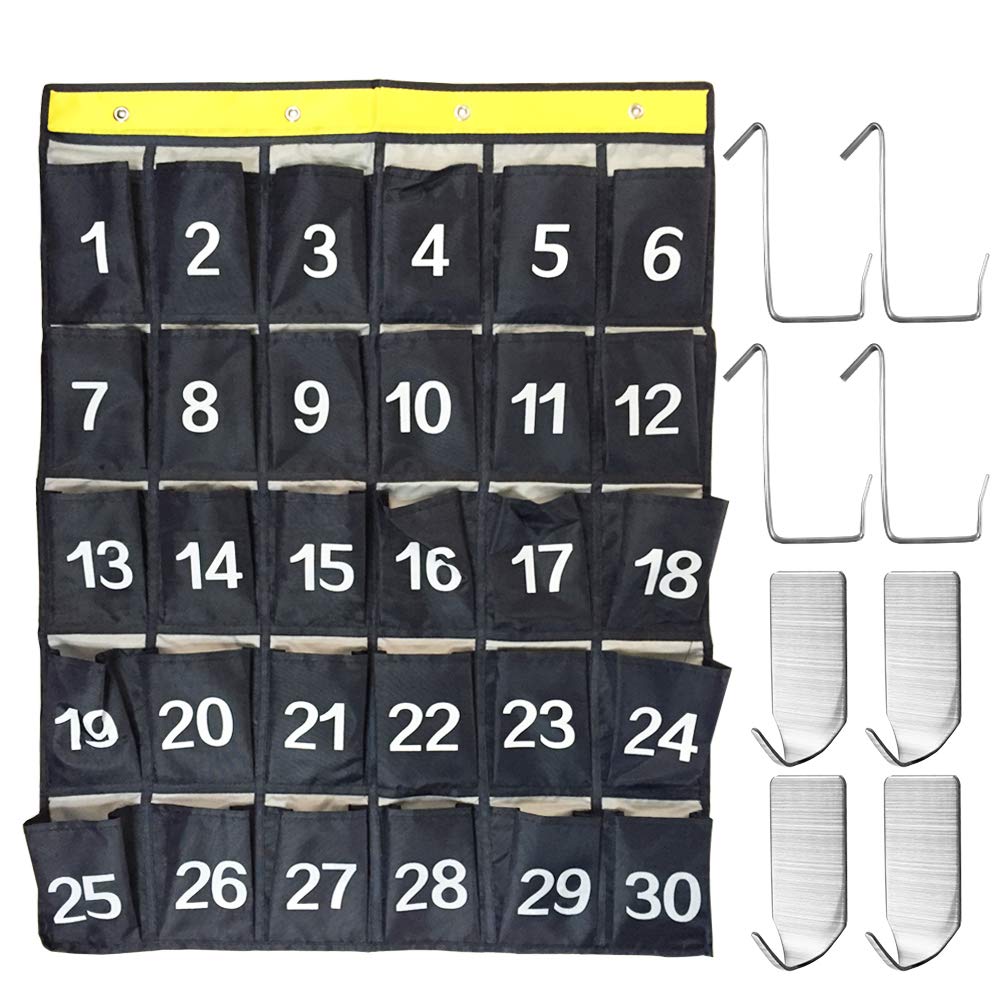 AFUNTA 30 Numbered Pockets Classroom Calculator Holder & Cell Phone Pockets Chart Organizer Hanging Door and Wall Storage Bag with 4 Adhesive Hooks / 4 Door Hooks - Navy
