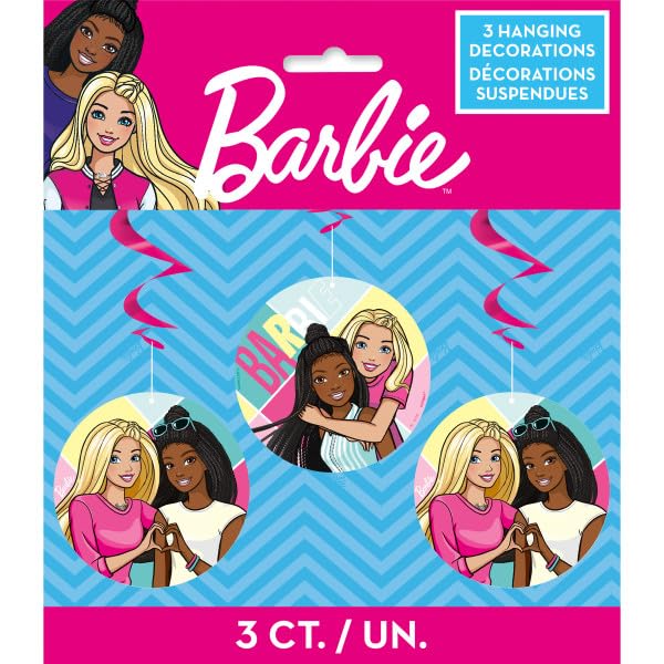 Barbie Birthday Party Supplies Bundle includes 1 Happy Birthday Banner, 3 Hanging Swirl Decorations, 1 Dinosaur Sticker Sheet