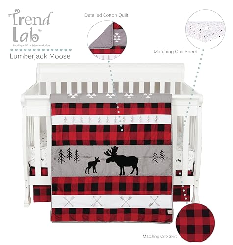 Trend Lab Lumberjack Moose 3 Piece Crib Bedding Set, Gender-Neutral Color Palette, Includes Quilt, Fitted Crib Sheet and Skirt