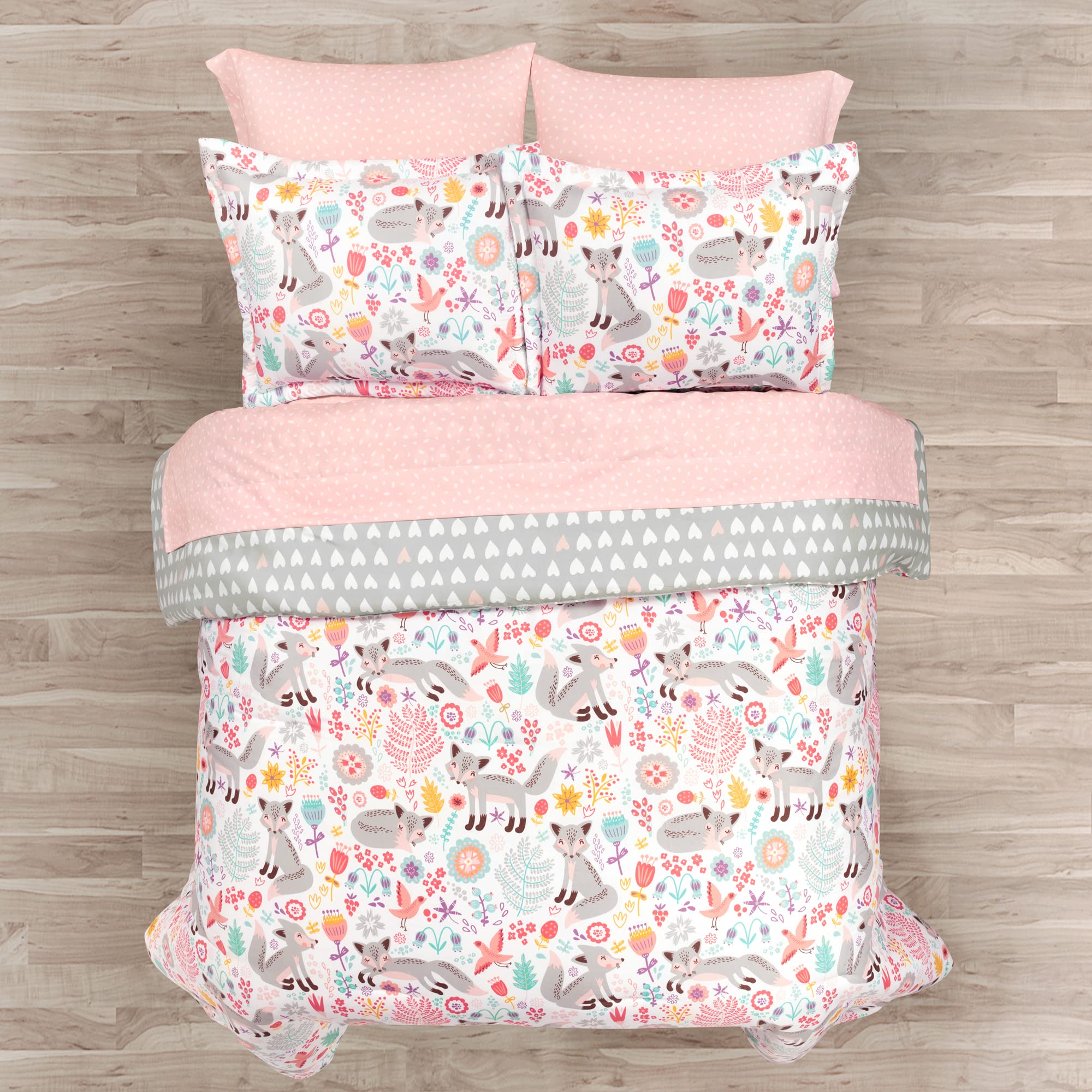 Lush Decor Pixie Fox Reversible Comforter Set, 5 Piece Set, Twin XL, Pink & Gray - Kids Bedding with Sheet Set - Comforter Set for Girls - Toddler Bedding - Floral & Hearts - Woodland Bedroom Decor