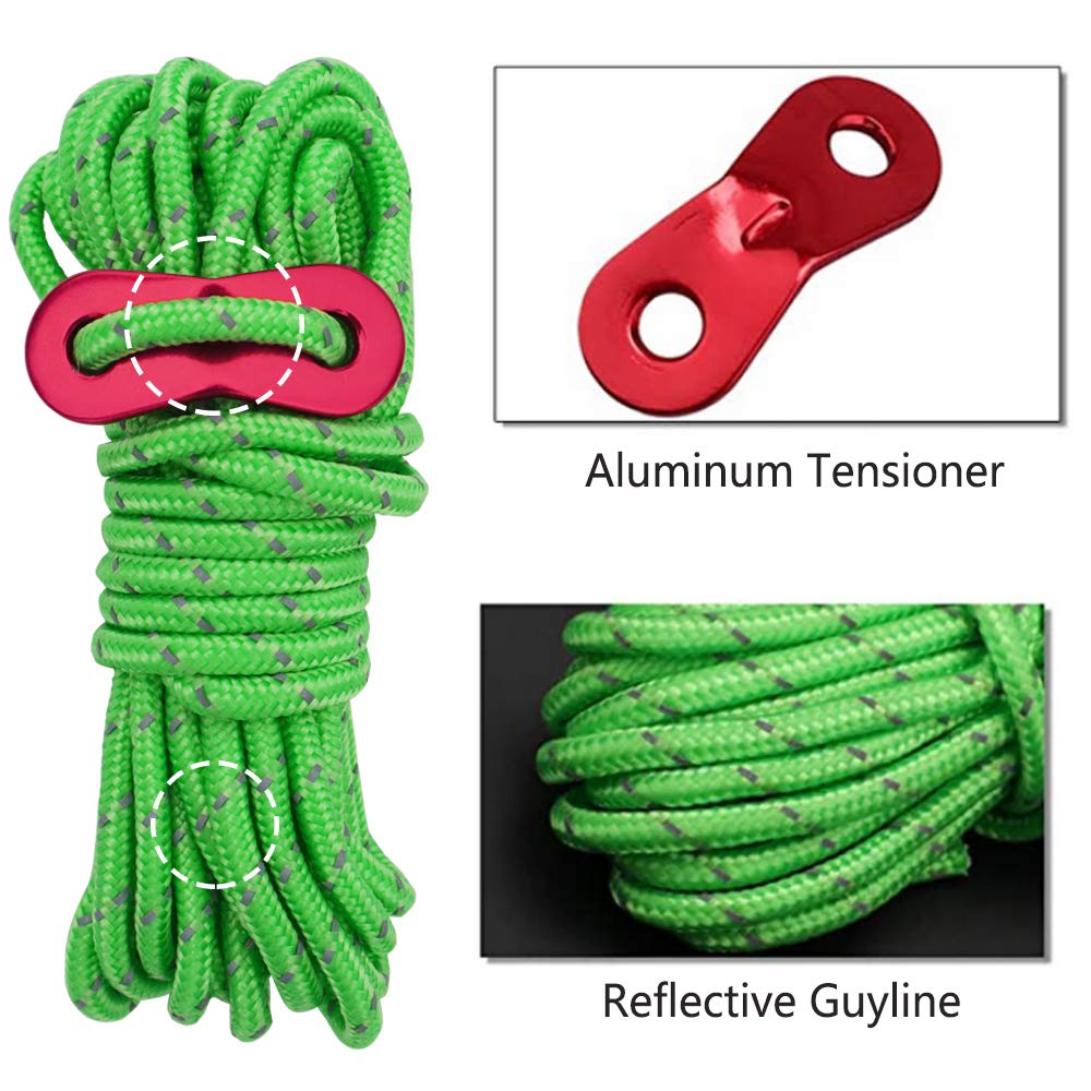 Acenilen 6 Pack Reflective Guyline Tent Rope with Aluminum Adjuster, Tent Kit for Camping Tent & Hiking Accessories - 4mm Thick and 4 Metre Length