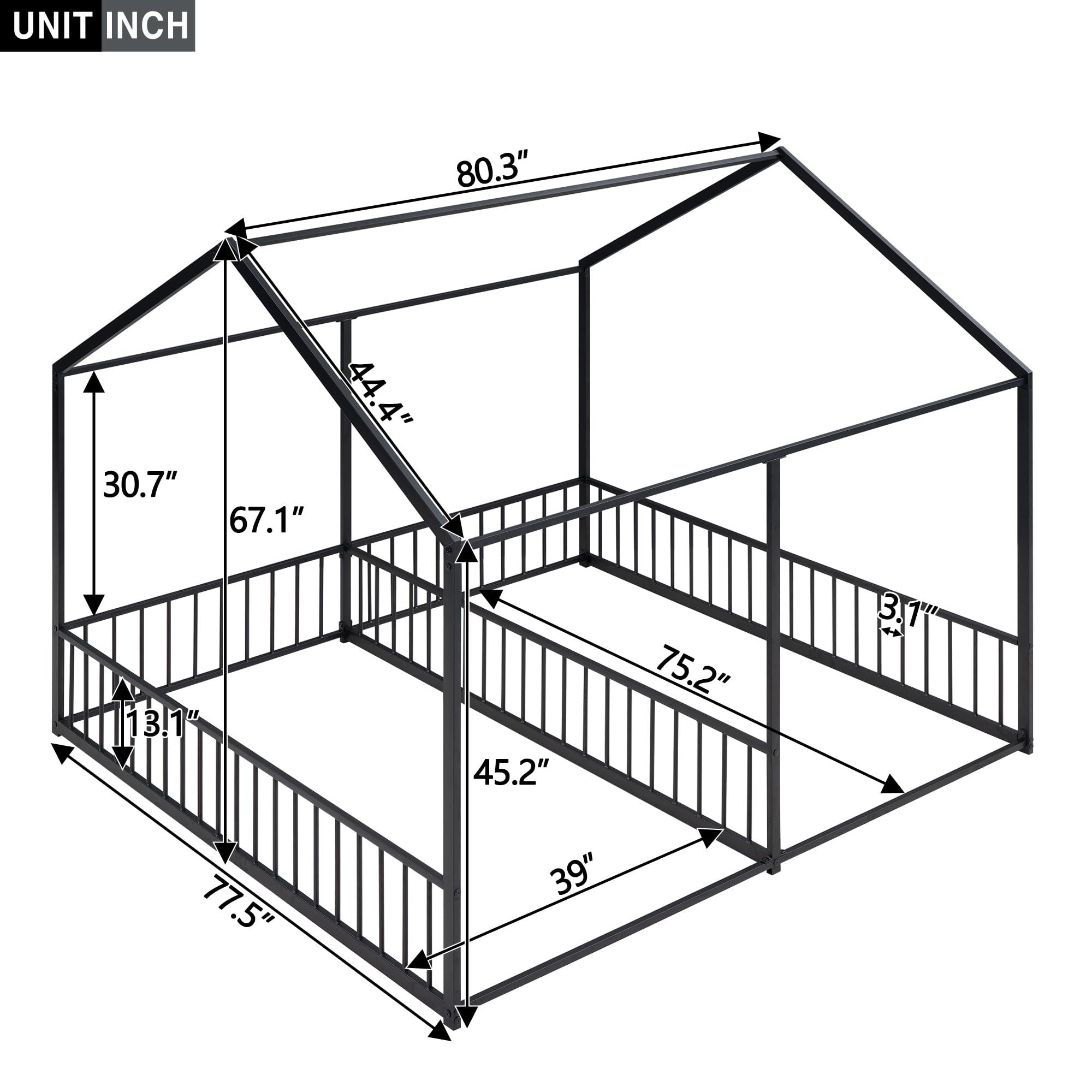 Double Floor Bed for Twins,Twin Size House Bed for 2 Kids,Two Shared Beds,Twin House Platform Beds,Metal Floor Bed Frame with Rails for Girls,Boys(Black)