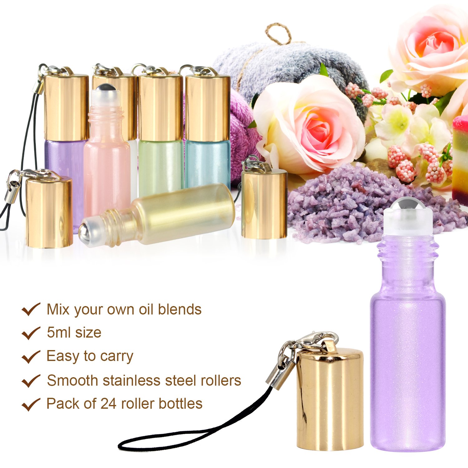 Mavogel Essential Oil Roller Bottles - 24 Pack 5ml Pearl Colored Glass Roller Bottles with Stainless Steel Roller Balls, Essential Oil key Opener and Droppers Included