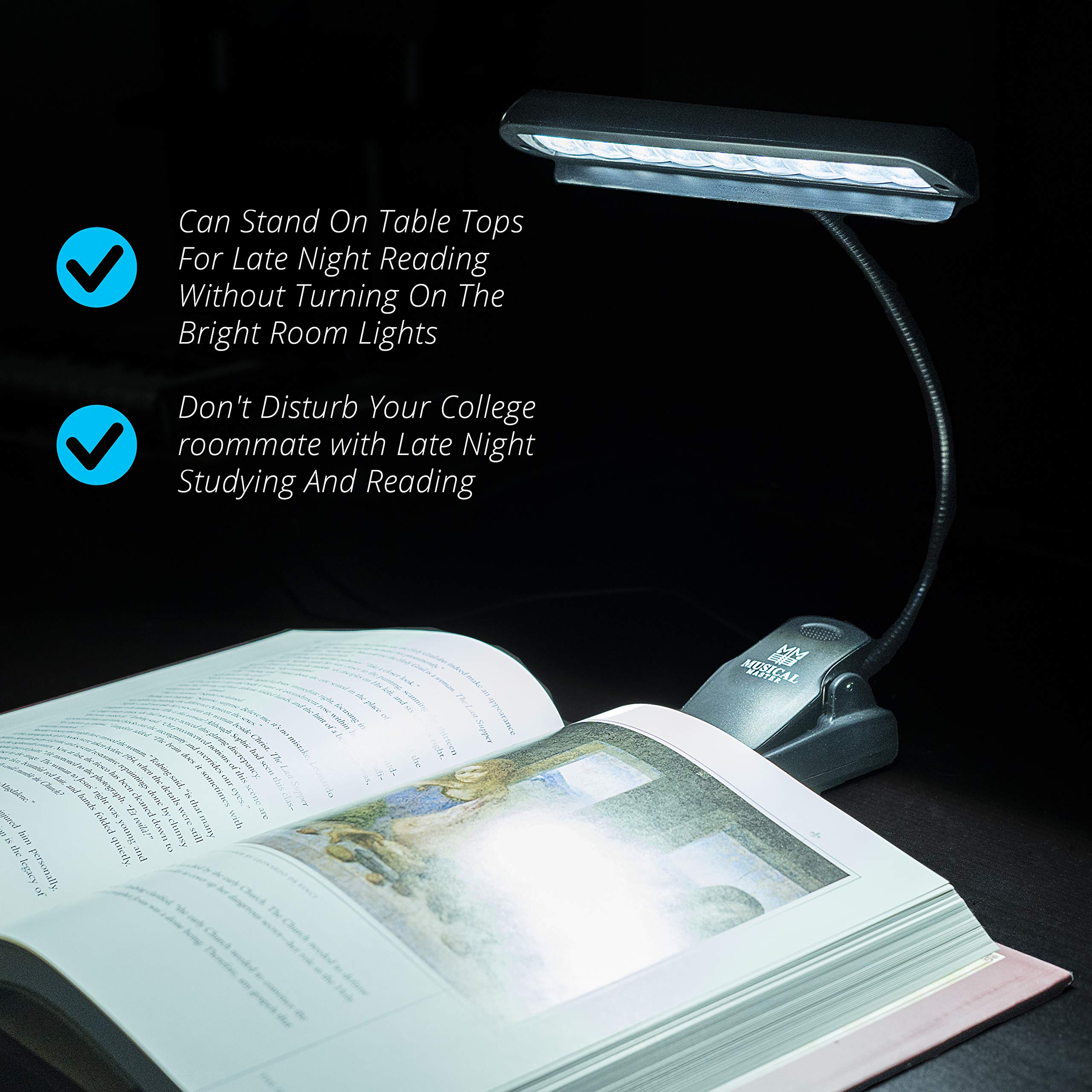 Music Stand Light - Book Light for Reading in Bed β Clip on Portable LED Light - Reading Light - Clamp Light for Violin, Piano, DJ, Desk & More β USB, AA battery operated (Batteries Not Included)