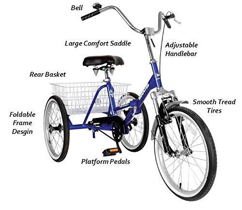 Mantis Tri-Rad 20 Inch Wheels Single Speed Adult Folding Tricycle, Silver,20" Wheels/16" Frame