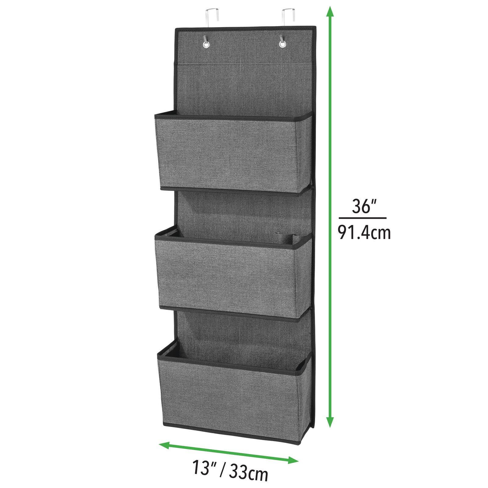 mDesign Fabric Hanging Organizers for Over The Door Storage in Bedroom/Hallway Closets, 3 Pocket Organizer Caddy, Hooks for Clothing, Accessories, Lido Collection, Textured Print, Charcoal Gray/Black