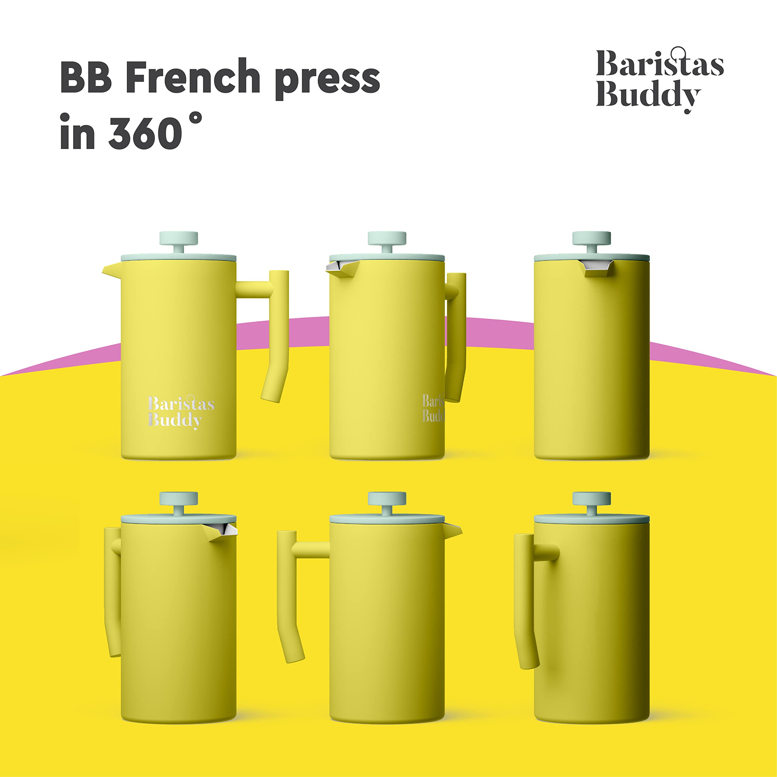BaristasBuddy Yellow French Press Coffee Maker - Colorful, Retro And Stylish Insulated Coffee Brewer - Large Size Brews 4 Cups