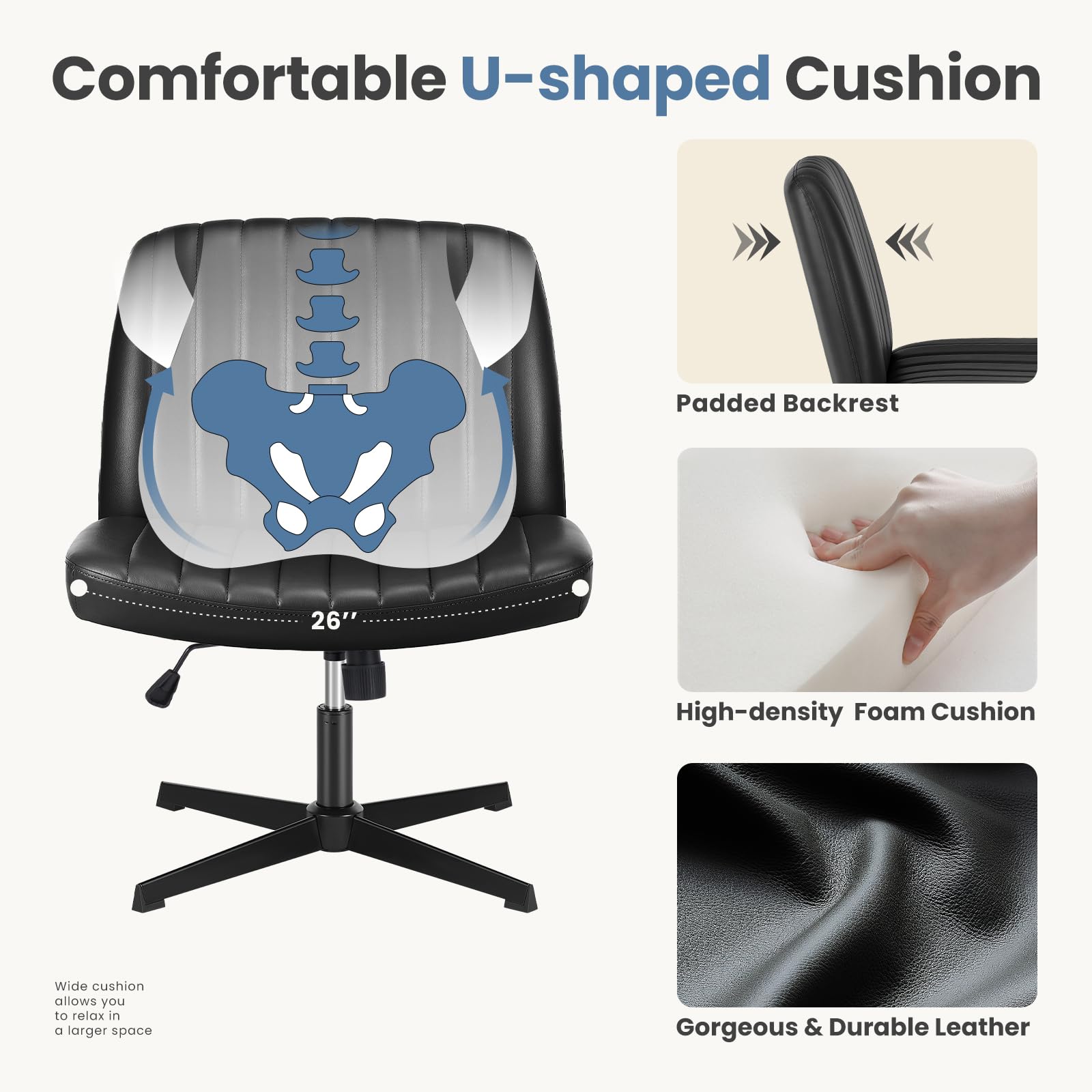 DUMOS Cross Legged Armless Wide Wheels, Modern Home Office Desk Swivel Adjustable Vanity Chair, Leather Black