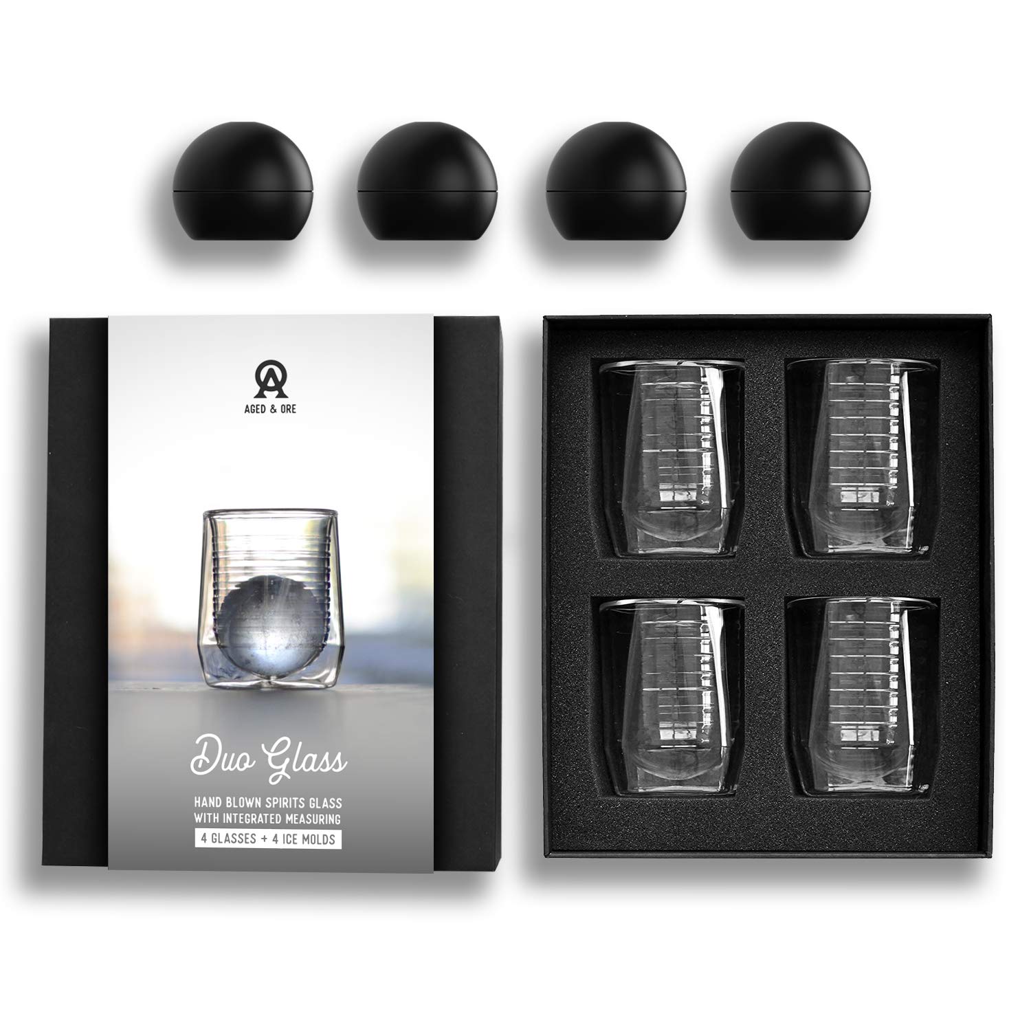 Aged & Ore - The Duo Glass | Hand Blown Double Walled Whiskey Glass Gift Set with Free Silicone Ice Molds | Integrated Measuring Lines for the Perfect Cocktail | Durable Modern Tumbler | Set of 4