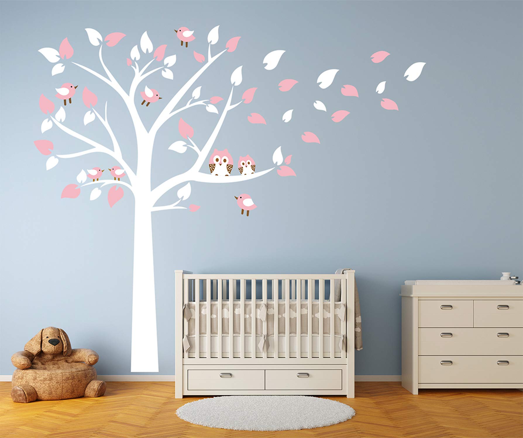 LUCKKYY Cute Owls with Birds Stand on The Tree Wall Decals Tree Wall Decals Tree Wall Sticker for Kid Baby Nursery Room (87x78") (Pink.)