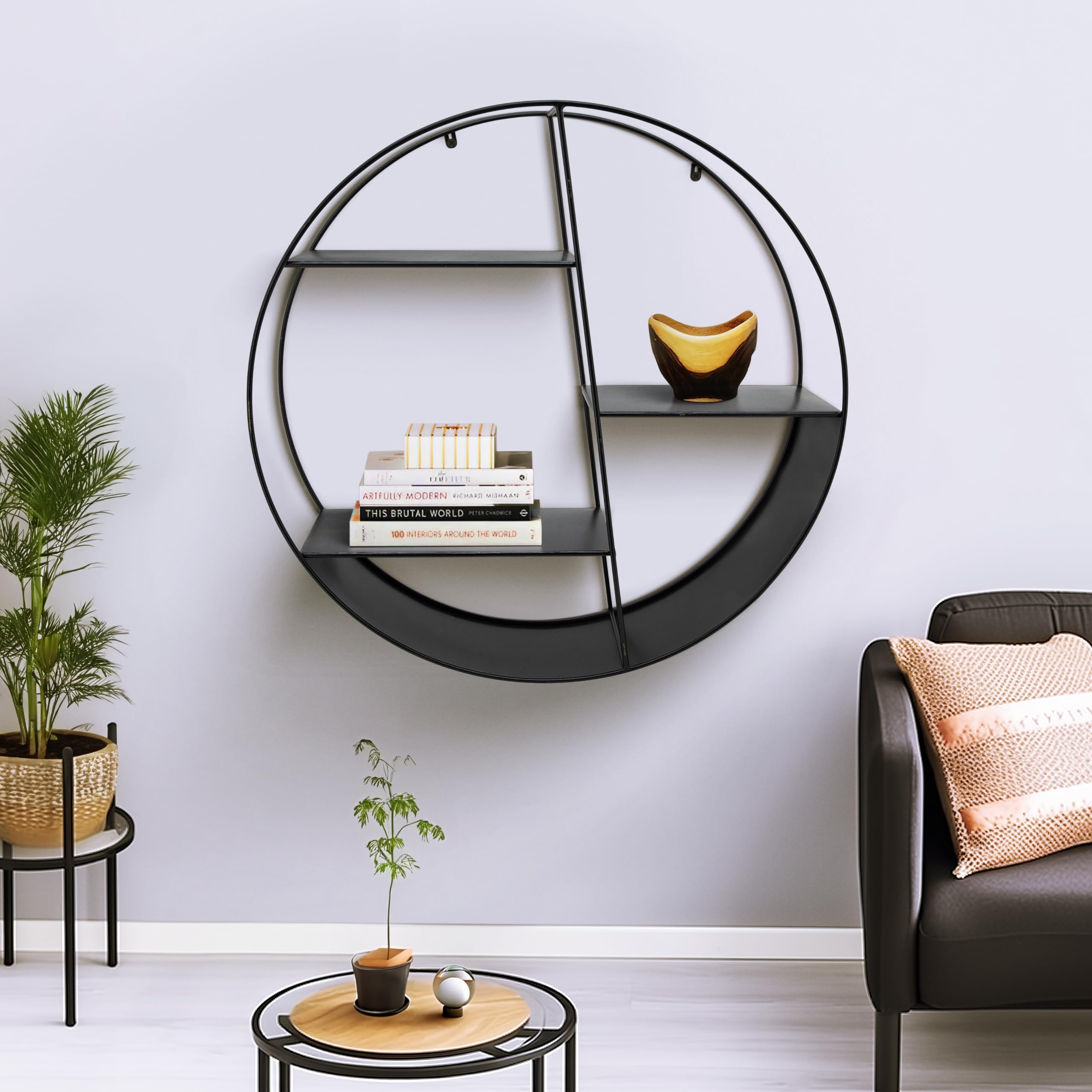 Sagebrook Home 32" Round Black Shelf - 4 Layered Contemporary Floating Metal Wall Shelf for Creative Home, Office, Bathroom, Bedroom, Living Room Decor