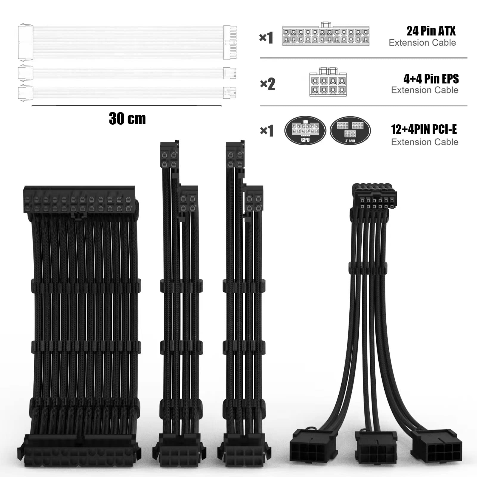 ABNO1 RTX 3090Ti 16Pin(12+4) to 3x8pin PCI-e 5.0 Sleeved Cable Extension 30CM Length with Combs,12Pin Compatible for 4070ti&4080&4090 Series (Single/White)