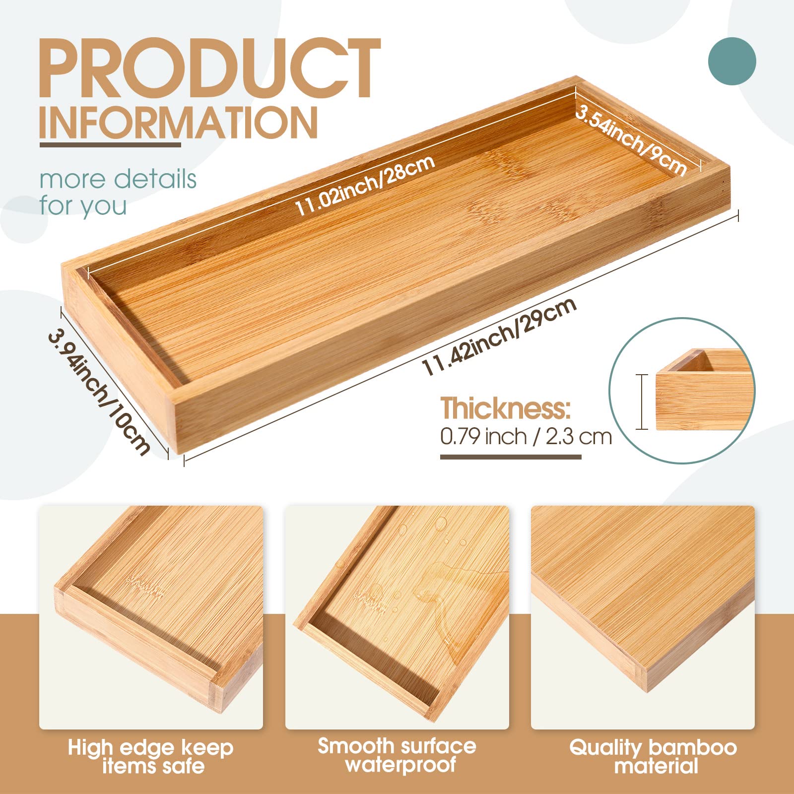 Bamboo Tea Serving Tray 3 Pcs Decorative Multi Use Bathroom Counter Tray with Edges Bamboo Vanity Tray for Dresser Counter Food Coffee Tea Snack Tissues Candles, 11 x 4 Inch