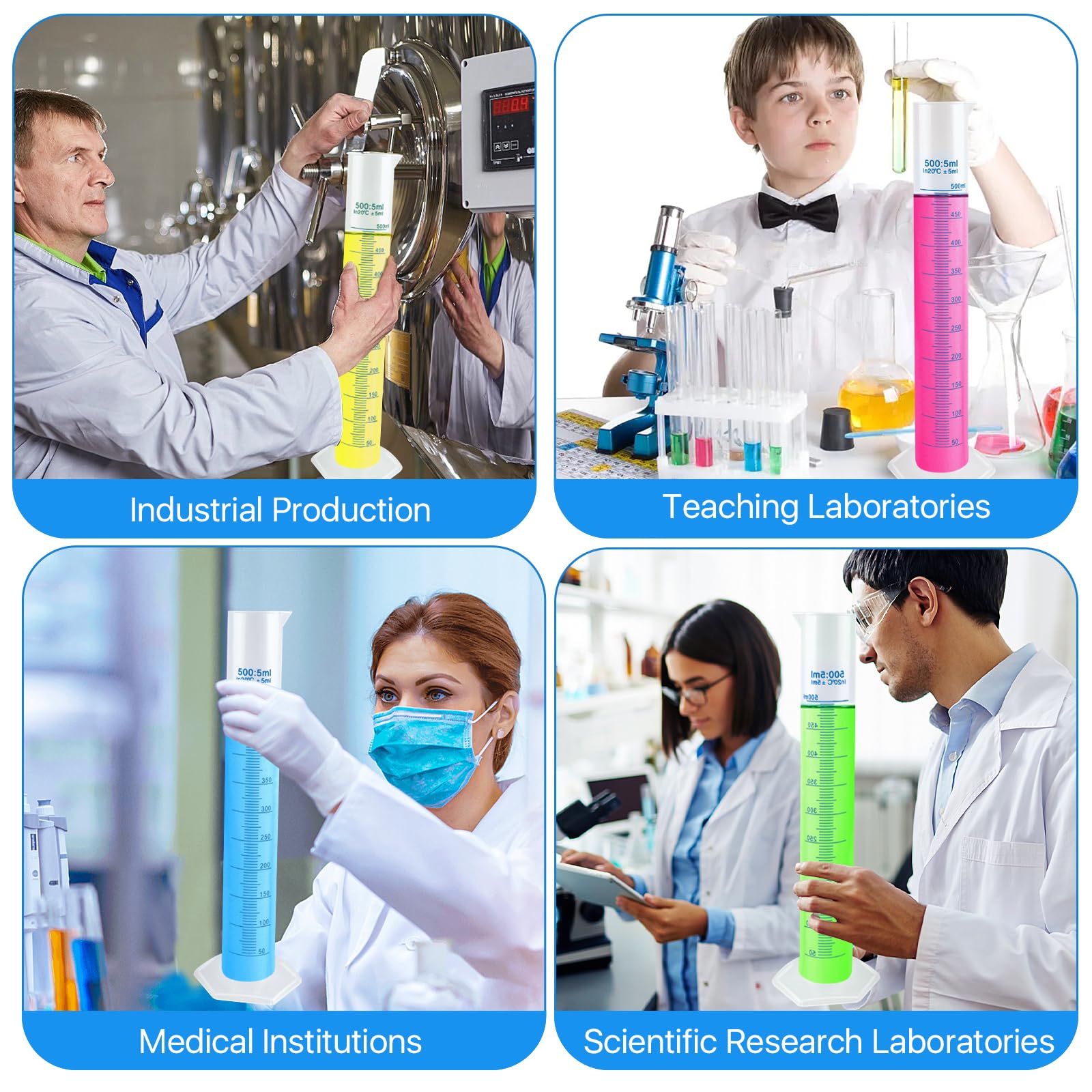 Akamino 4 Packs 500ml Plastic Graduated Cylinder,Transparent Measuring Cylinder Set with Pour Spout, 2-Sided Making Plastic Lab Test Tube for Science Projects, Laboratory Supplies