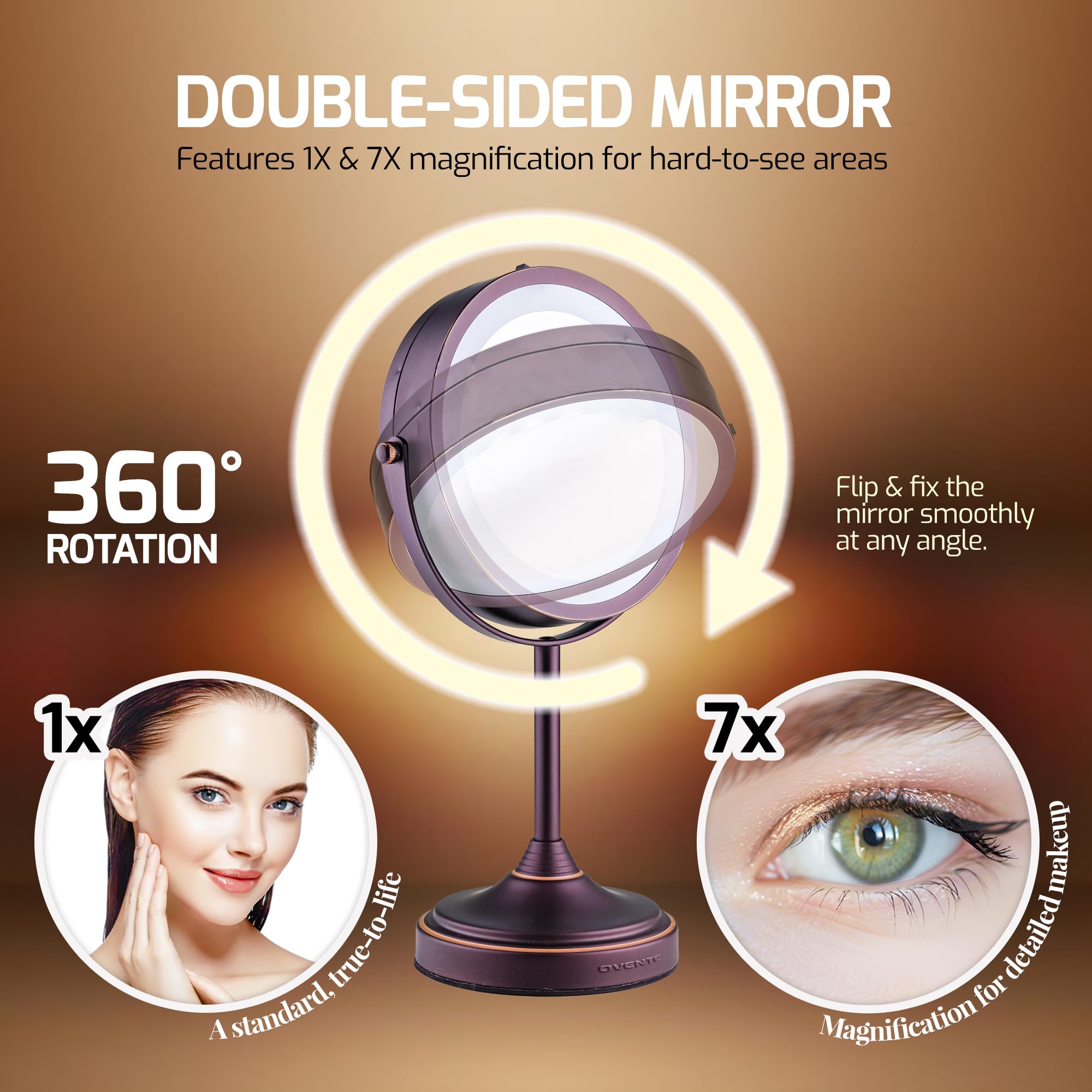 OVENTE 7'' Lighted Makeup Mirror with 1X/7X Magnification, Cordless Tabletop Mount Vanity Mirror with 360° Swivel Design & Double Sided Glow Cosmetic White LED Ring Light, Antique Bronze MCT70ABZ1X7X