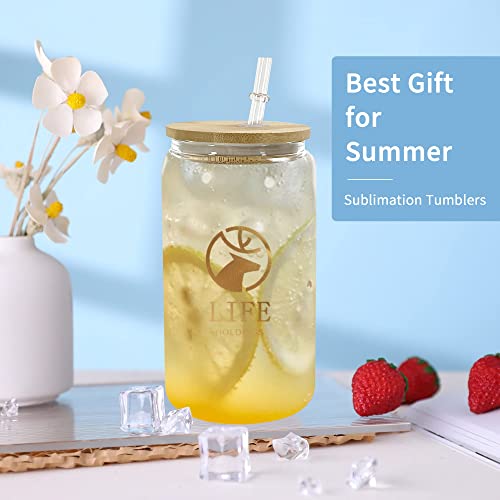 AGH 12 Pack 16oz Clear Sublimation Glass Blanks with Bamboo Lid, Sublimation Glass Cups Transparent Can Shaped Beer Cup with Lid and Straw, Straight Sublimation Tumblers for Iced Coffee Milk Juice