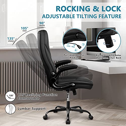 Guessky Office Chair, Executive Office Chair Big and Tall Office Chair Ergonomic Leather Chair with Adjustable Flip-Up Arms High Back Home Office Desk Chairs Computer Chair with Lumbar Support (Black)